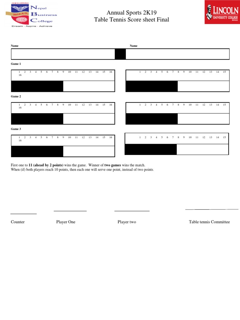 Annual Sports 2K19 Table Tennis Score Sheet Final | PDF