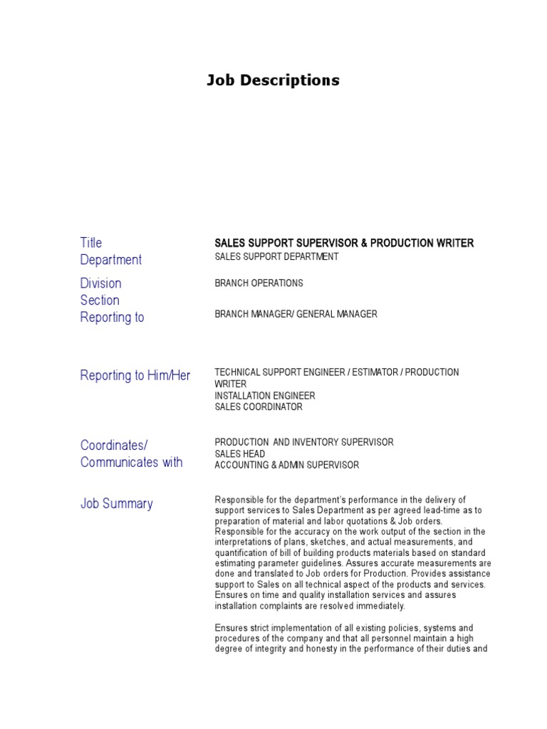 Sales Support Department Supervisor | PDF | Inventory | Business