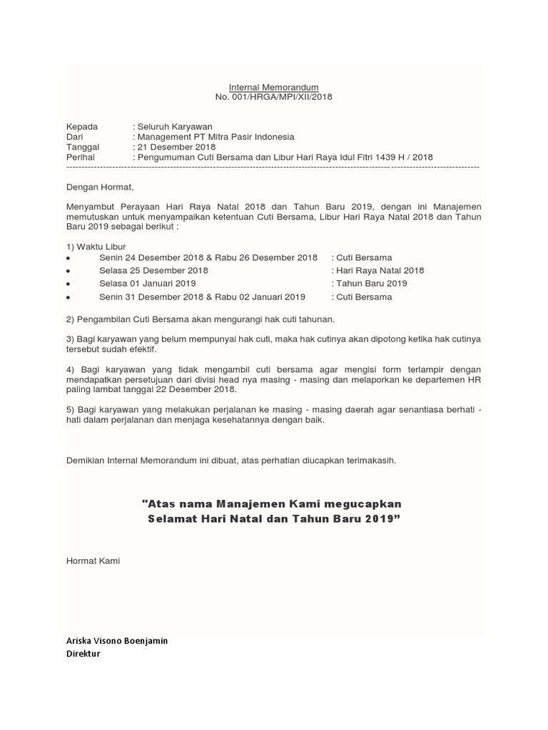 001-Internal Memorandum Pengumuman Cuti Bersama Dan Libur Hari Raya Idul Fitri 1439 H 2018 | PDF