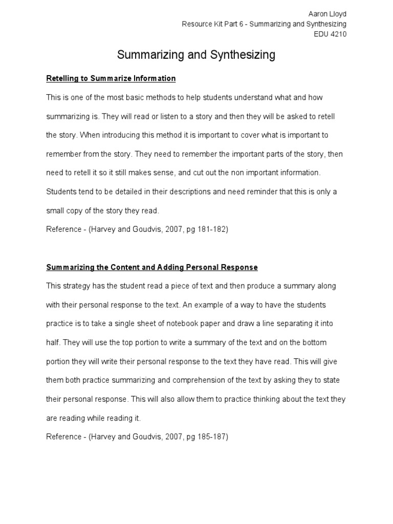 Resource Kit Part 6 - Summarizing and Synthesizing | PDF | Reading ...