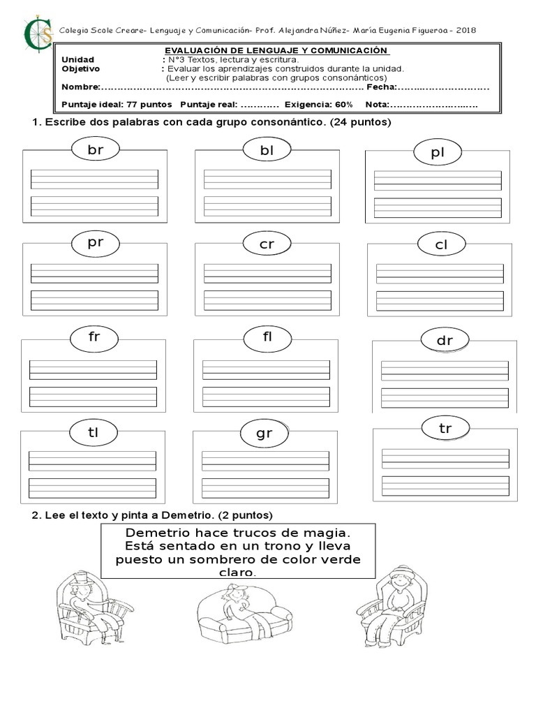 br bl pl: 1. Escribe dos palabras con cada grupo consonántico. (24 puntos)