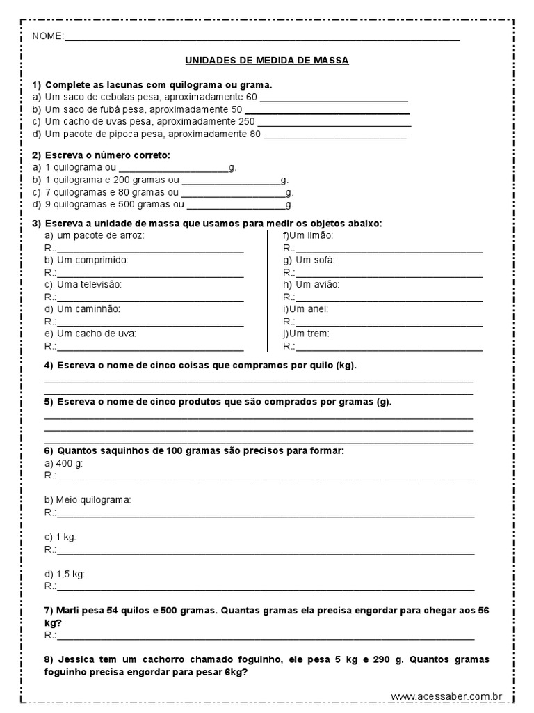 Atividade de Matematica Unidade de Medida de Massa 5º Ano | PDF | Quilograma | Unidades de medida