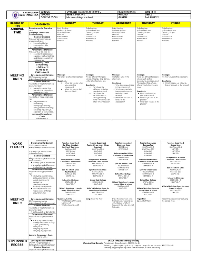 Arrival Time: Blocks of Time Objectives Monday Tuesday Wednesday ...