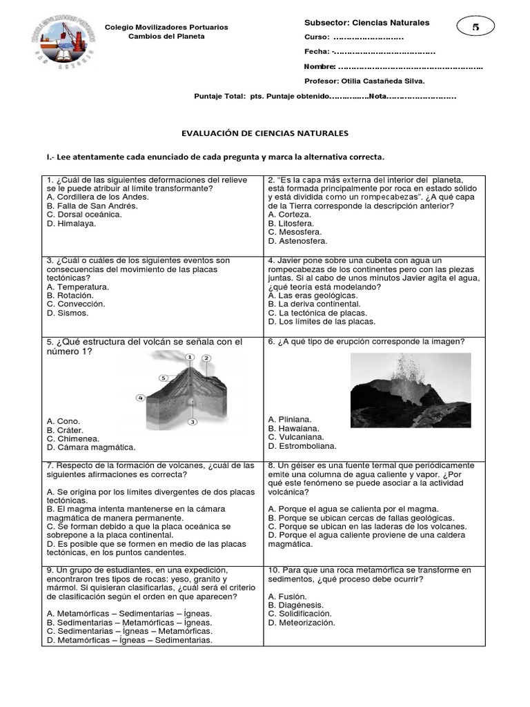 Prueba de Ciencias Cambios Del Planeta 7 A Y B | PDF | Roca (geología ...