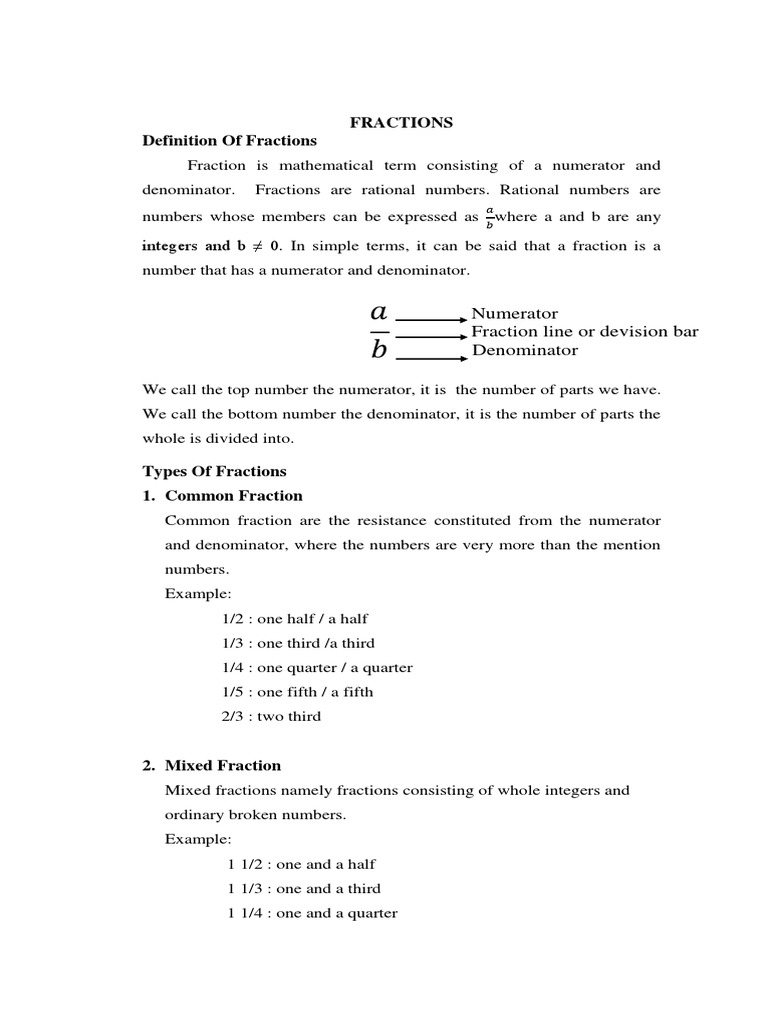 Fractions Definition of Fractions: Numerator Denominator Fraction Line ...