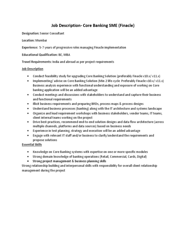 JD For Core Banking SME | PDF