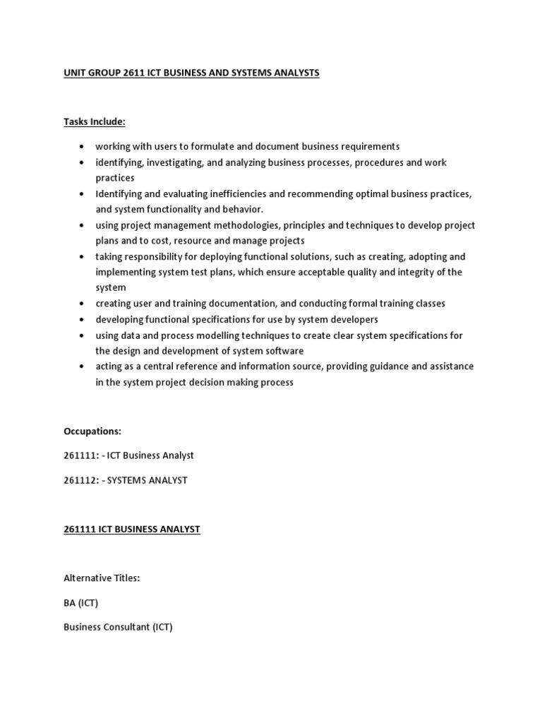 ICT Business Analyst Roles and Tasks | PDF