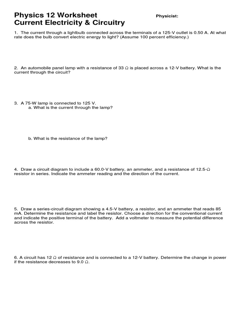 Physics 12 Worksheet Circuitry | PDF