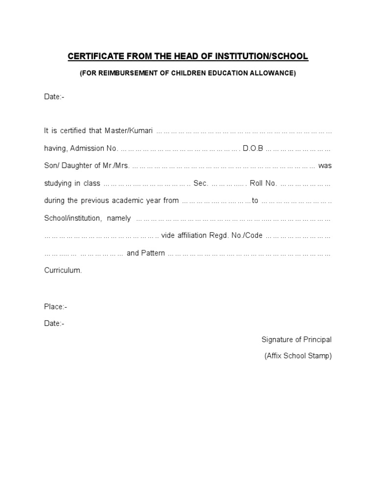 Certificate From The Head of Institution/School: (For Reimbursement of ...