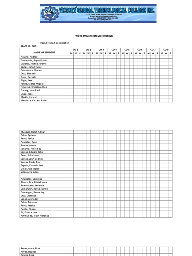 Work Immersion Monitoring: Grade 12 - Faith MWFMWFMWFMWFMW FMWFMW FMWF ...
