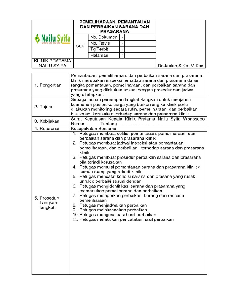 Sop Pemeliharaan, Pemantauan Dan Perbaikan Sarana Dan Peralatan | PDF