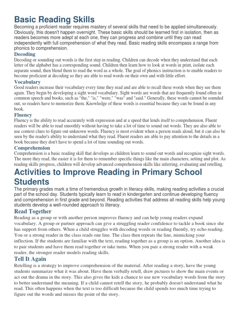 Basic Reading Skills | PDF | Reading Comprehension | Phonics