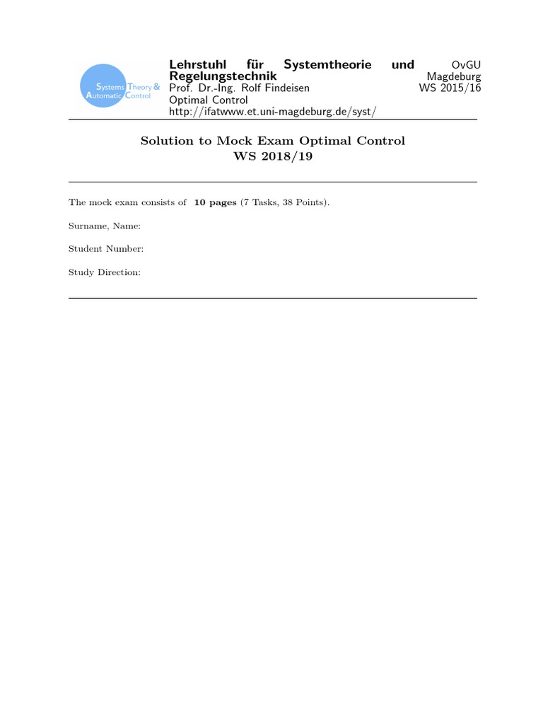 Sol Mock Exam | PDF | Optimal Control | Mathematical Optimization