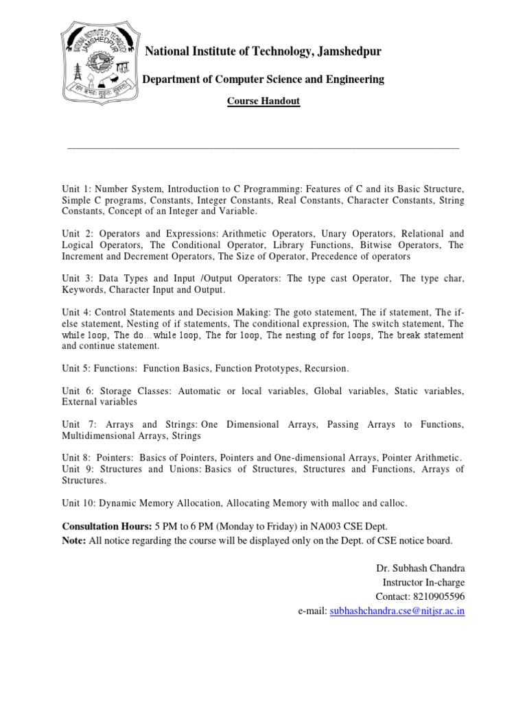 Syllabus In C Pdf C Programming Language Pointer Computer Programming