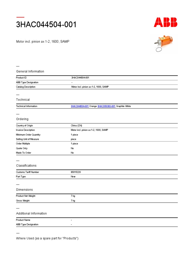 3HAC044504 001 Motor Incl Pinion Ax 1 2 1600 Samp PDF | PDF