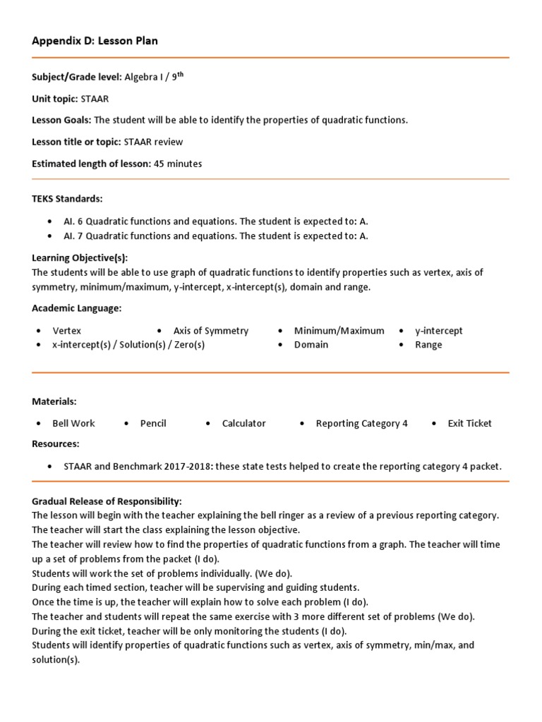 Appendix D: Lesson Plan | PDF | Quadratic Equation | Teachers