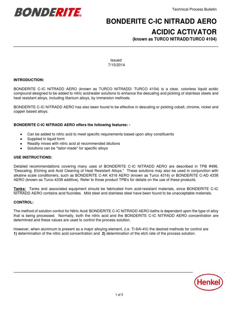 Bonderite C-Ic Nitradd Aero (Known As Turco Nitradd-Turco 4104) | PDF ...