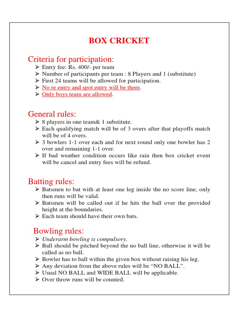 Criteria For Participation:: Box Cricket | PDF