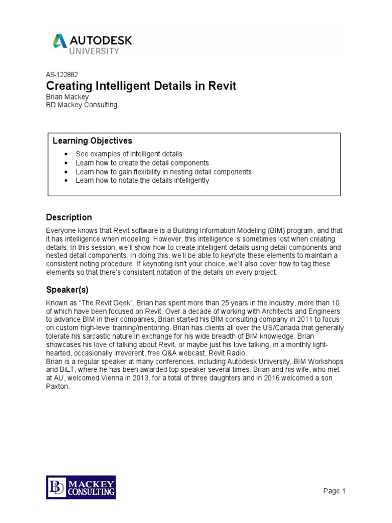 Class Handout AS122882 Creating Intelligent Details in Revit Brian ... Class Handout AS122882 Creating Intelligent Details in Revit Brian ...