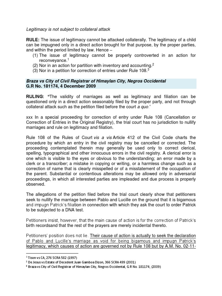 Rule 108 Vis A Vis Impugning Legitimacy | PDF | Statutory ...