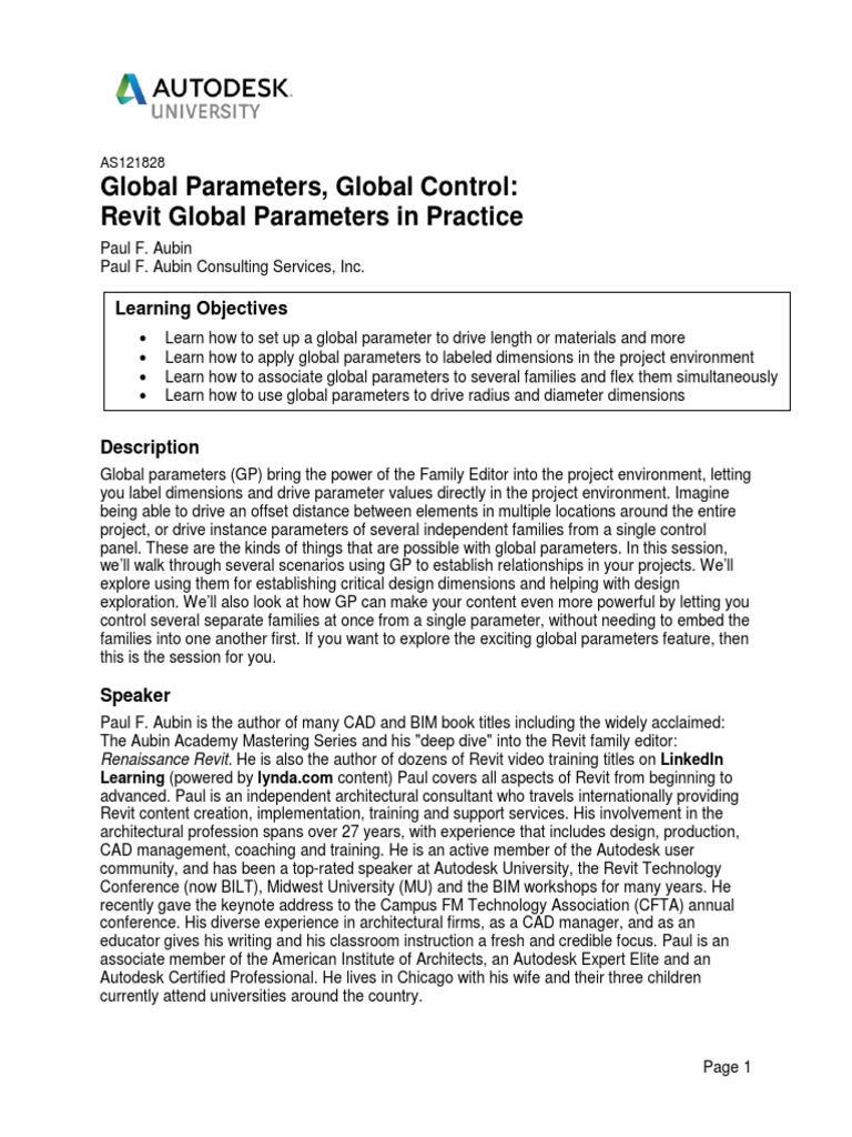 Class Handout AS121828 Global Parameters Global Control Revit Global ... Class Handout AS121828 Global Parameters Global Control Revit Global ...