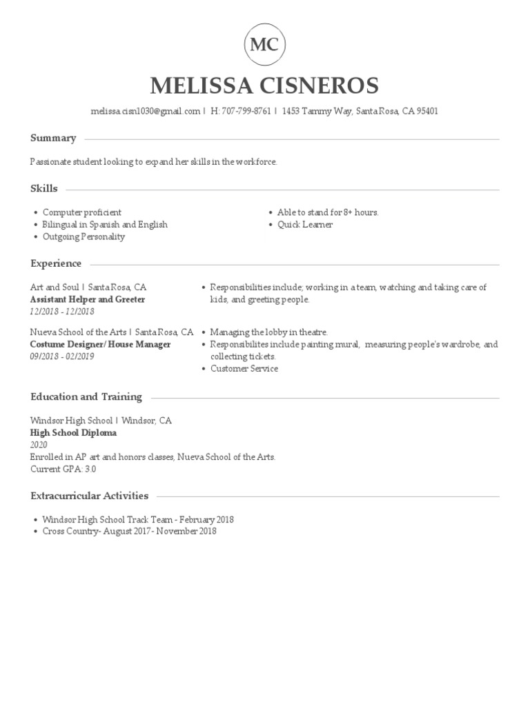 Greeter Resume of Melissa Cisneros | PDF