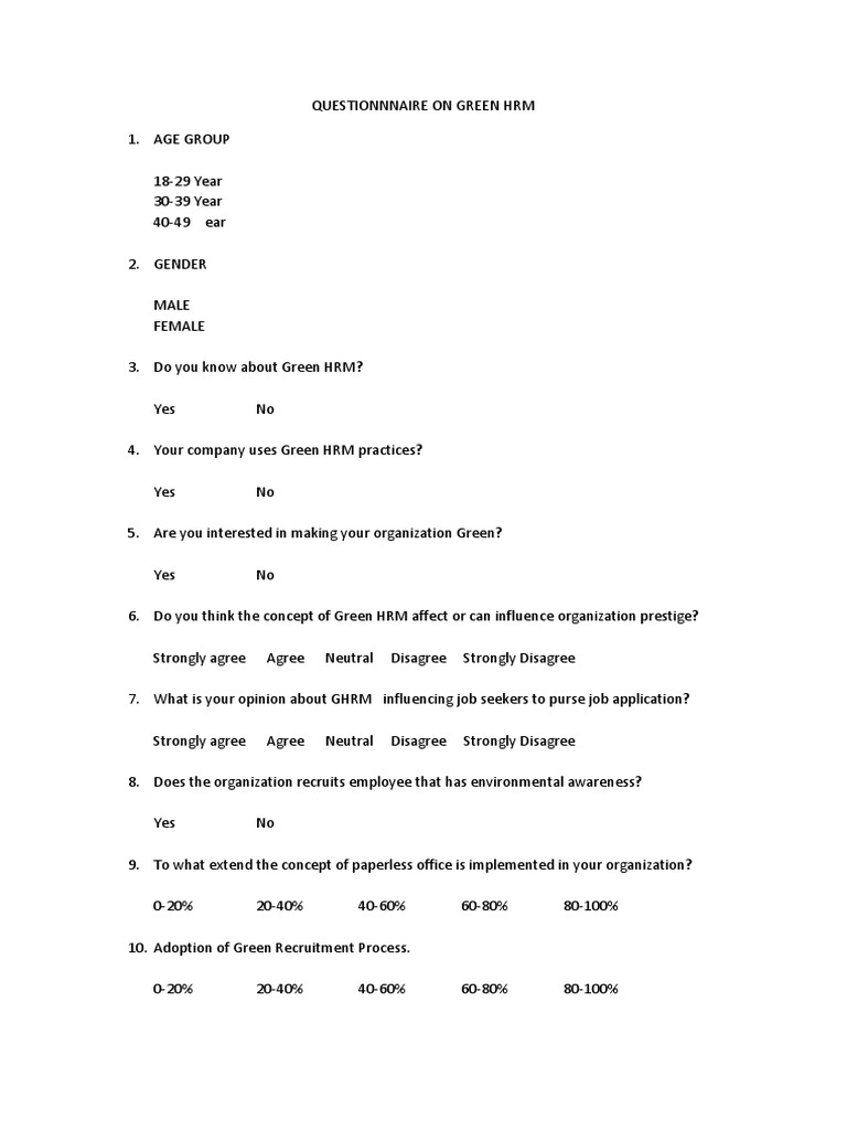 Questionnaire On GREEN HRM | PDF