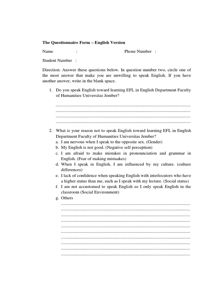 The Questionnaire Form | PDF | English Language | Learning