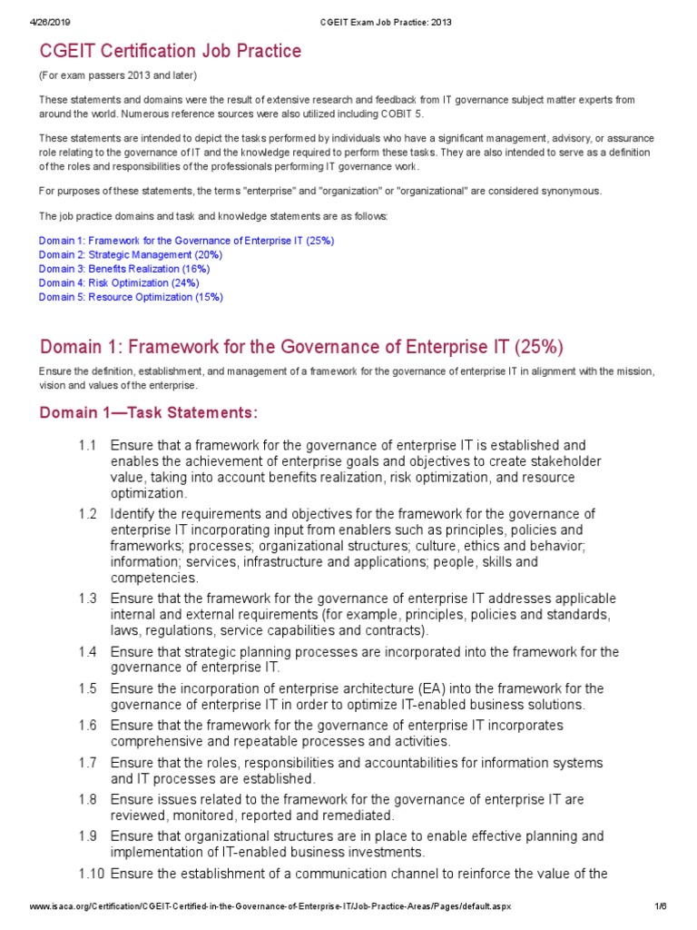 CGEIT Exam Job Practice - 2013 | PDF | Enterprise Architecture | Risk ...