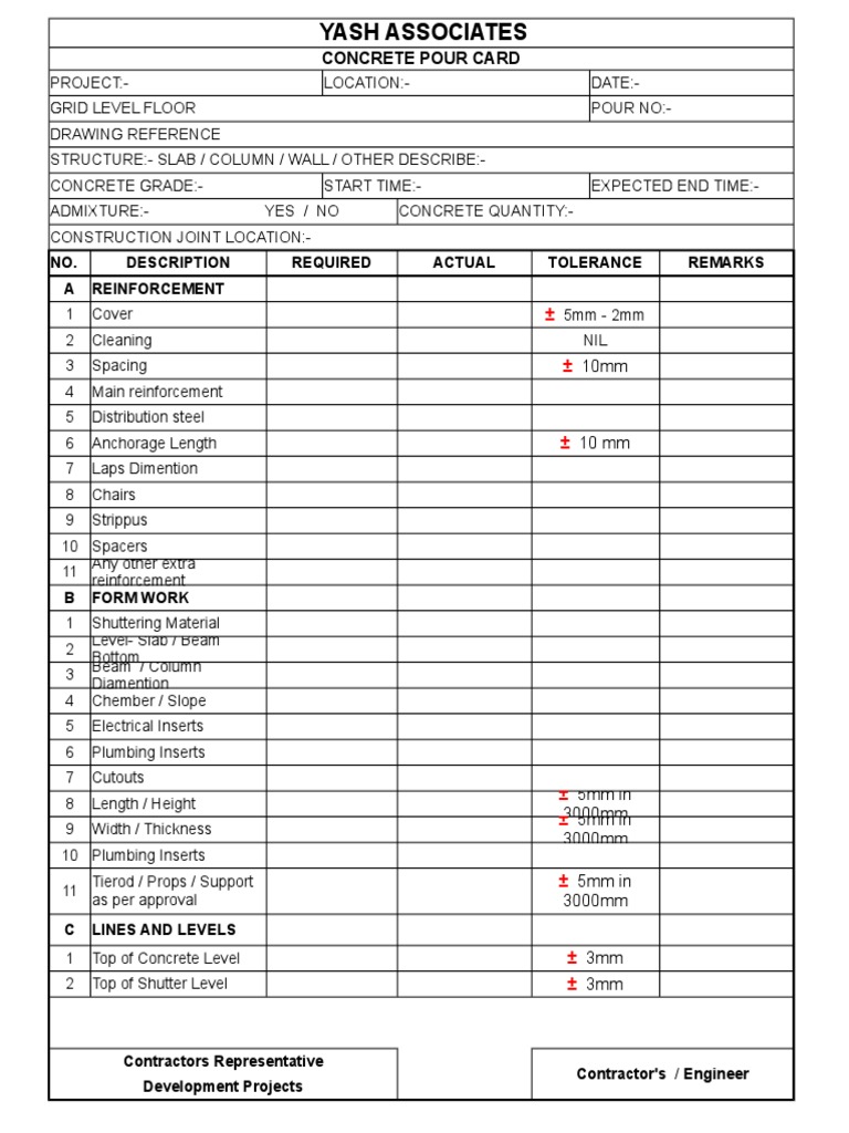 Concrete Pour Card: NO. Description Required Actual Tolerance Remarks A ...