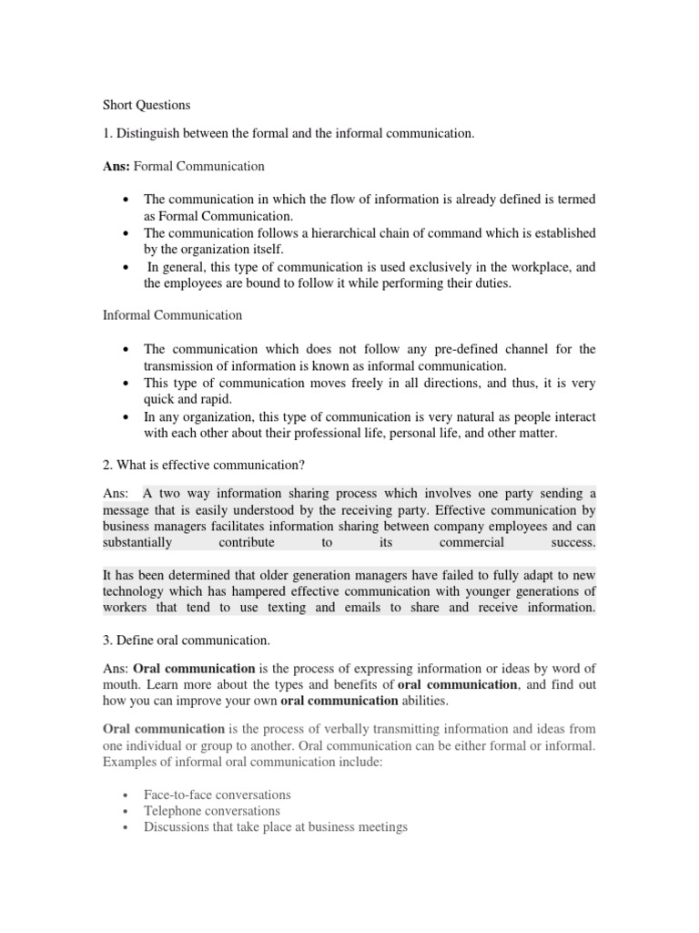 Formal Communication: Short Questions 1. Distinguish Between The Formal ...