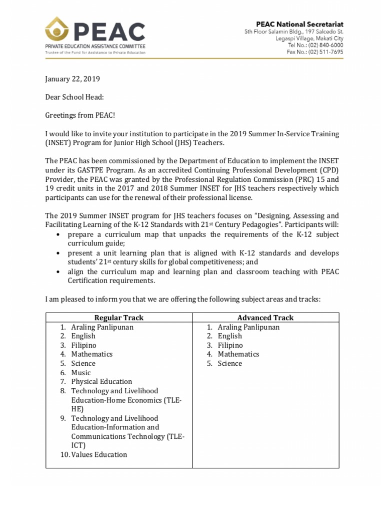 Letter Invite 2019 Summer INSET JHS | PDF | Professional Development ...