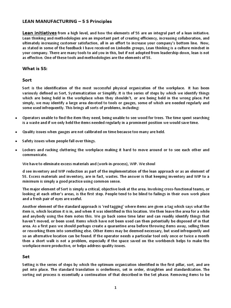 Lean Manufacturing - 5 S Principles Lean Initiatives | Download Free ...