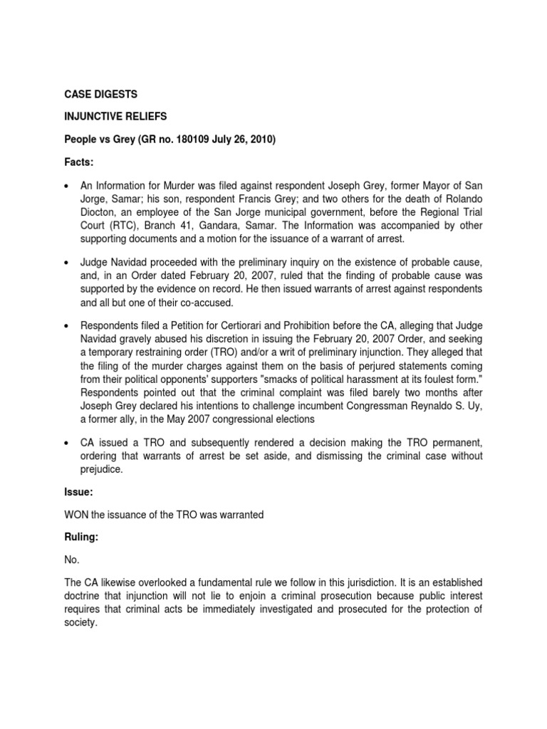 Case Digests Injunctive Reliefs People Vs Grey (GR No. 180109 July 26, 2010) Facts | PDF ...