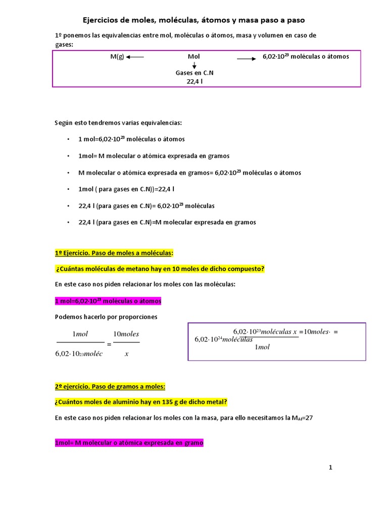 Ejercicios de Moles, Moléculas, Átomos y Masa Paso A Paso | PDF | Mole ...