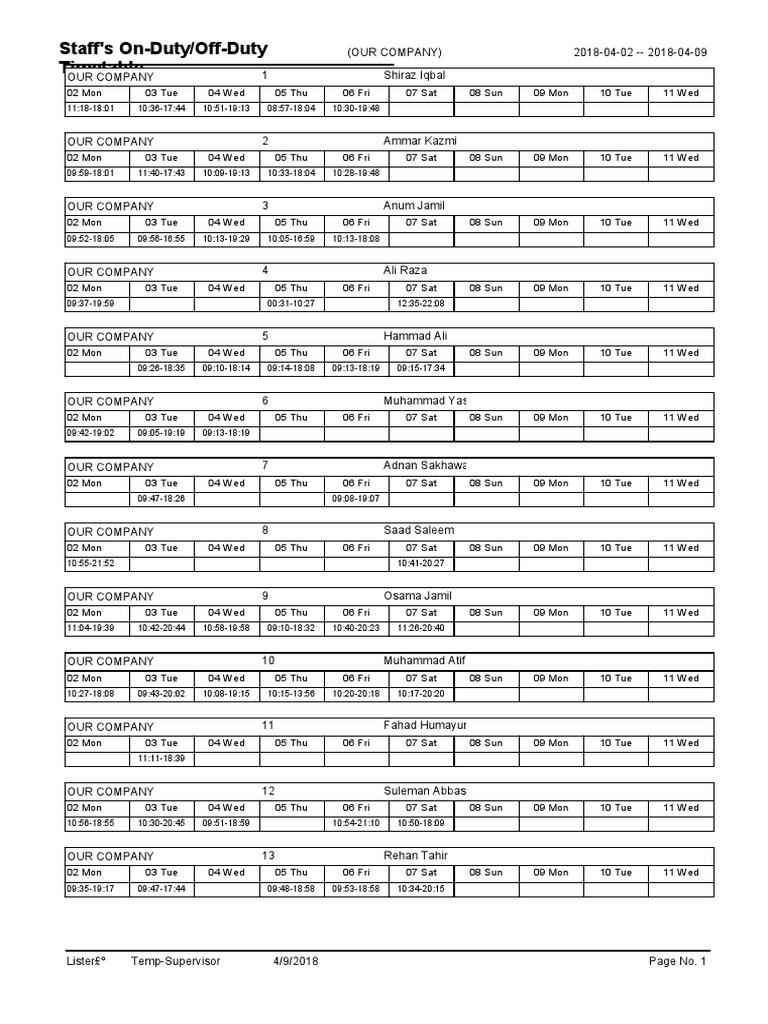 Staff's On-Duty/Off-Duty Timetable | PDF