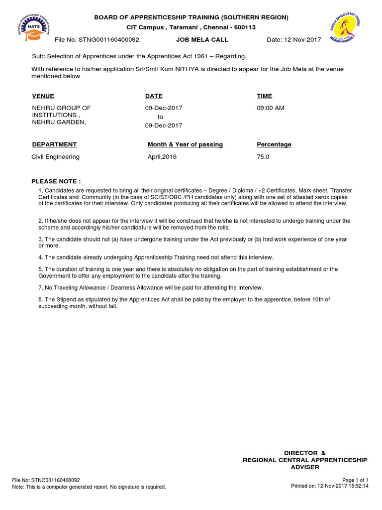 Board of Apprenticeship Training (Southern Region) CIT Campus, Taramani, Chennai - 600113 | PDF ...