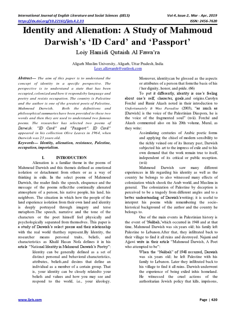 Identity and Alienation: A Study of Mahmoud Darwish's ID Card' and ...