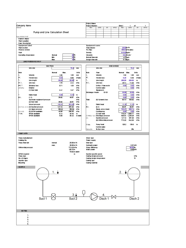 Pump and Line Calculation Sheet: Company Name | PDF | Pump | Fluid Dynamics