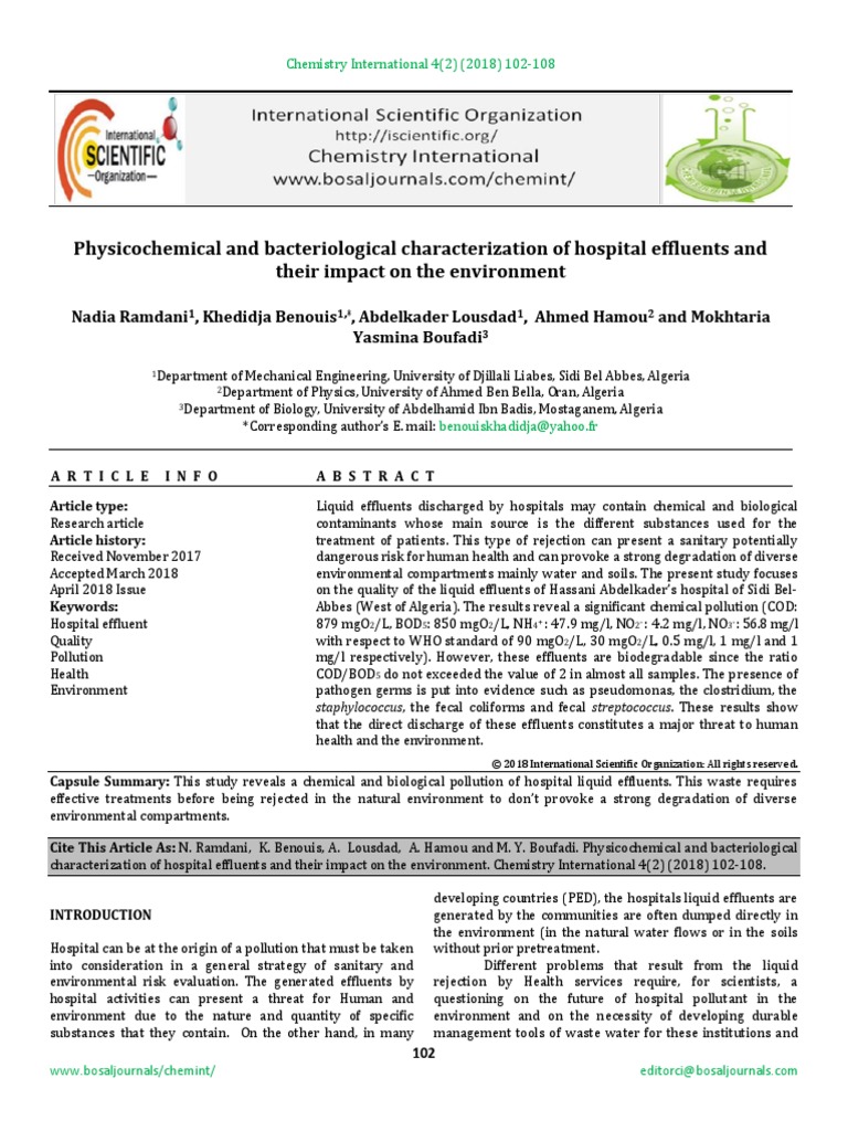 Physicochemical and Bacteriological Characterization of Hospital ...