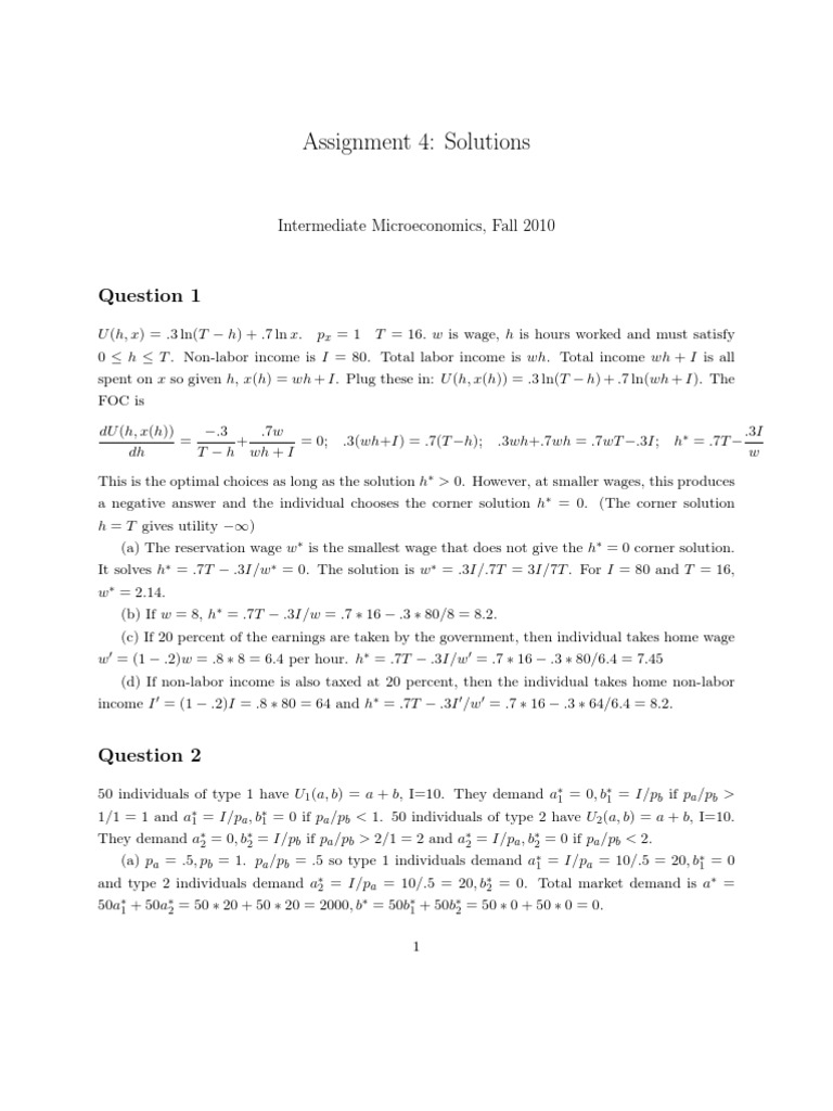 Solutions Assignment 4 Pdf Microeconomics Economics