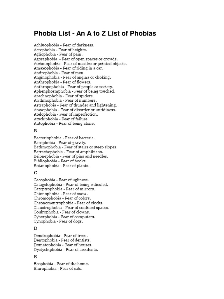 Phobia List - An a to Z List of Phobias | Fear | Mental And Behavioural ...