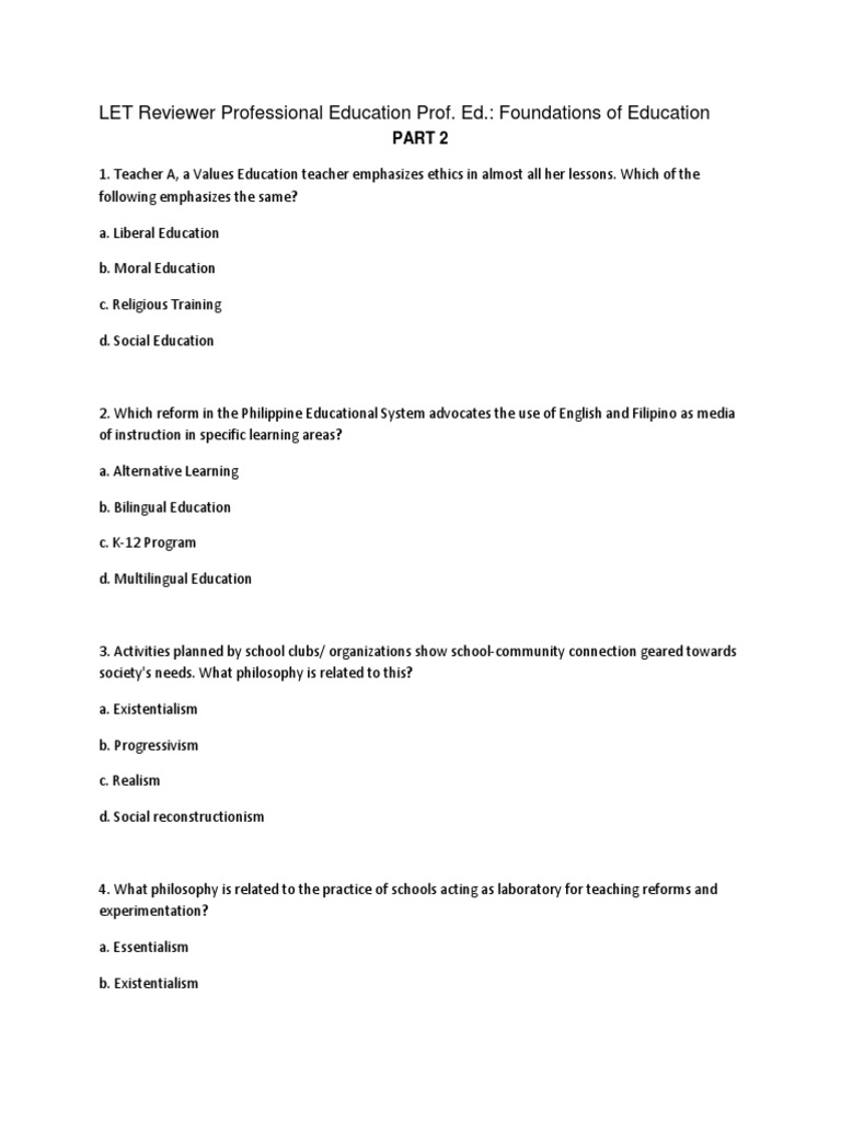 LET Reviewer Professional Education Prof. Ed.: Foundations of Education ...