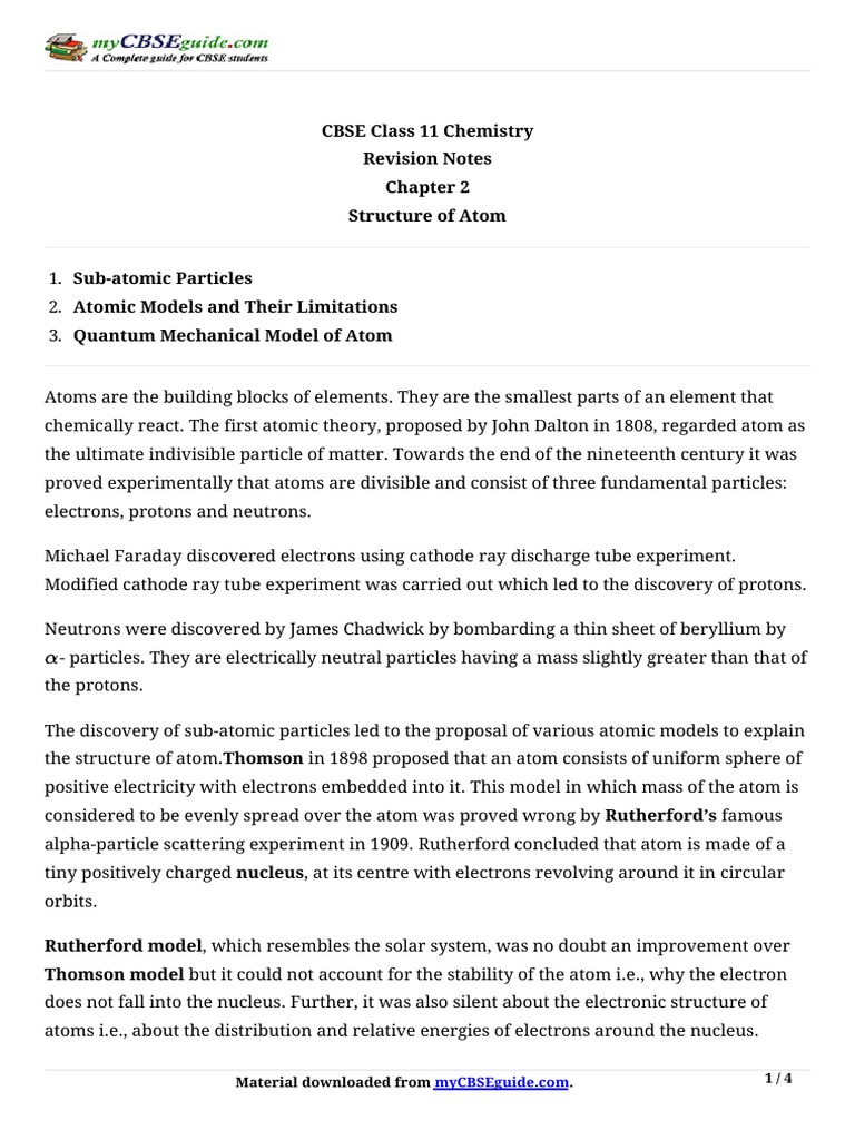11 Chemistry Notes Ch02 Structure of Atom | PDF | Atoms | Electron