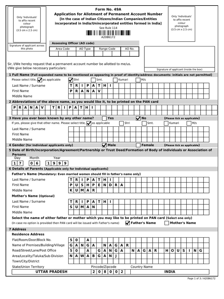 Form No. 49A Application For Allotment of Permanent Account Number ...
