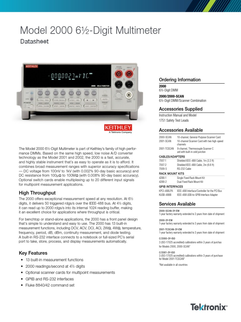 Model 2000 6 - Digit Multimeter: Datasheet | PDF | Hertz | Electronic ...