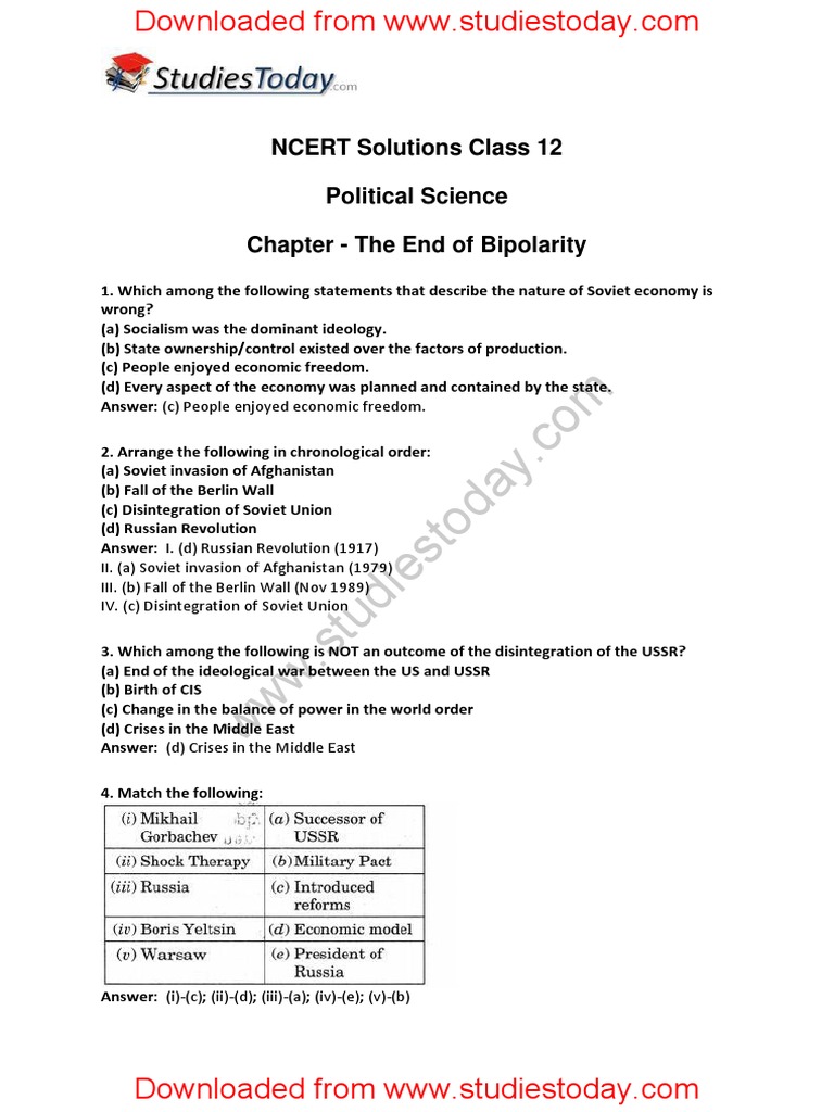 NCERT Solutions Class 12 Political Science The End of Bipolarity | PDF ...