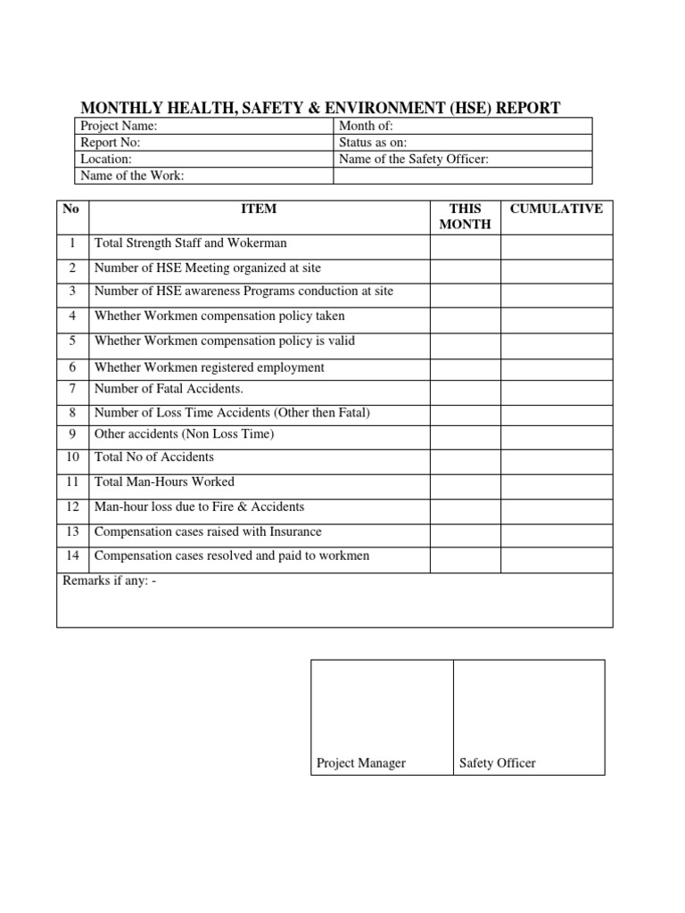 Monthly Health, Safety & Environment (Hse) Report: No Item This Month ...