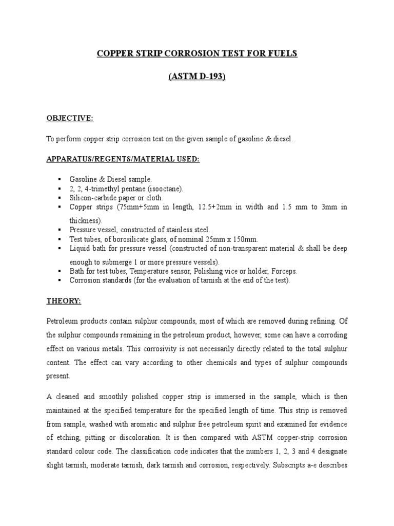 Copper Strip Corrosion Test For Fuels (ASTM D-193) : Objective | PDF ...