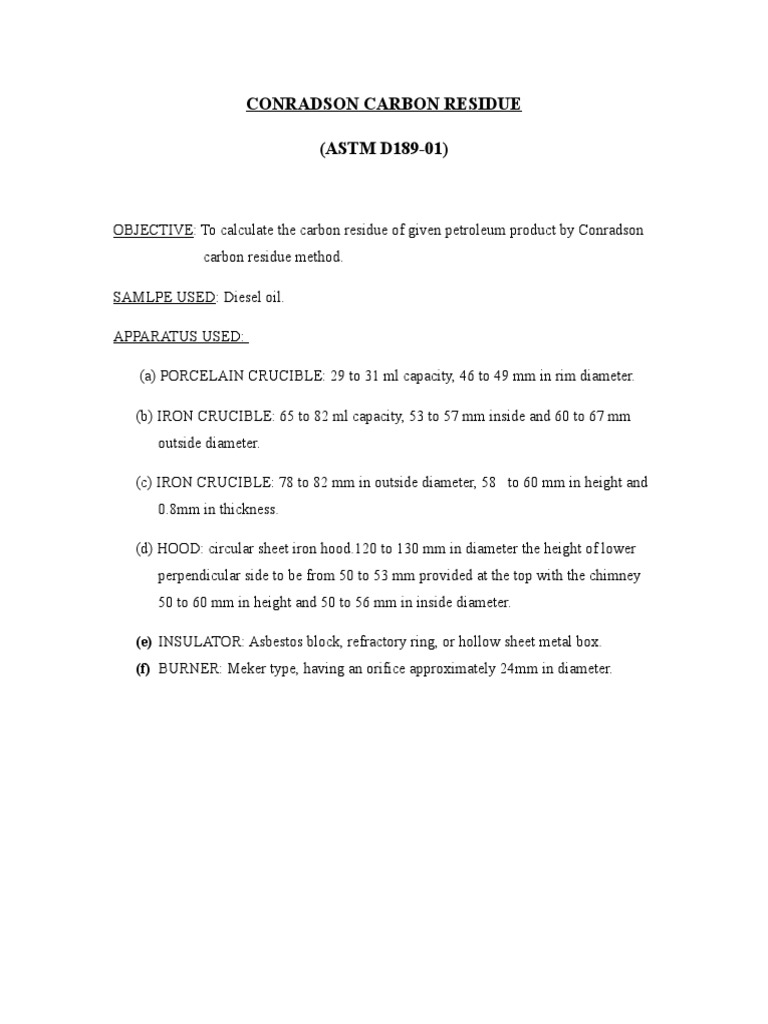 Conradson Carbon Residue (ASTM D189-01) | PDF | Combustion | Carbon